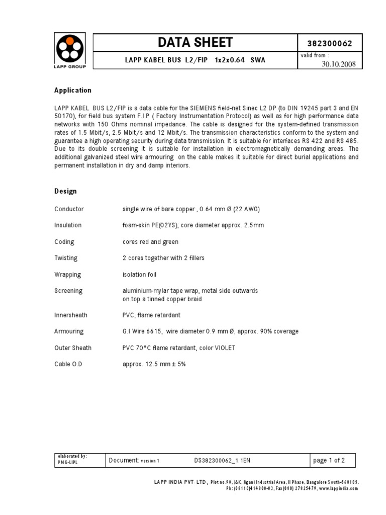 Data Sheet: Lapp Kabel Bus L2/Fip 1X2X0.64 Swa 30.10.2008 | PDF | Wire ...