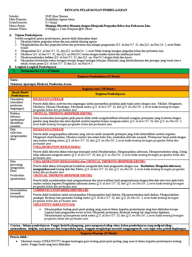 RPP Pai KLS X SM 1 TM 2 1 Lembar | PDF