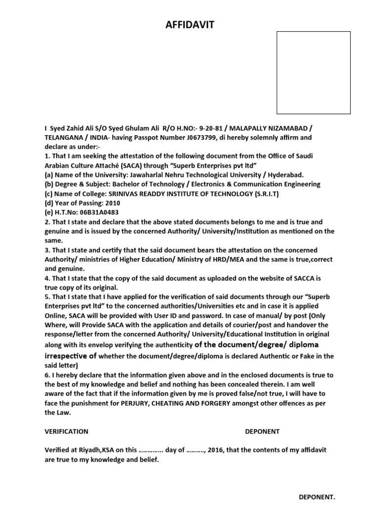 Affidavit: of The Document/degree/ Diploma Irrespective of | PDF