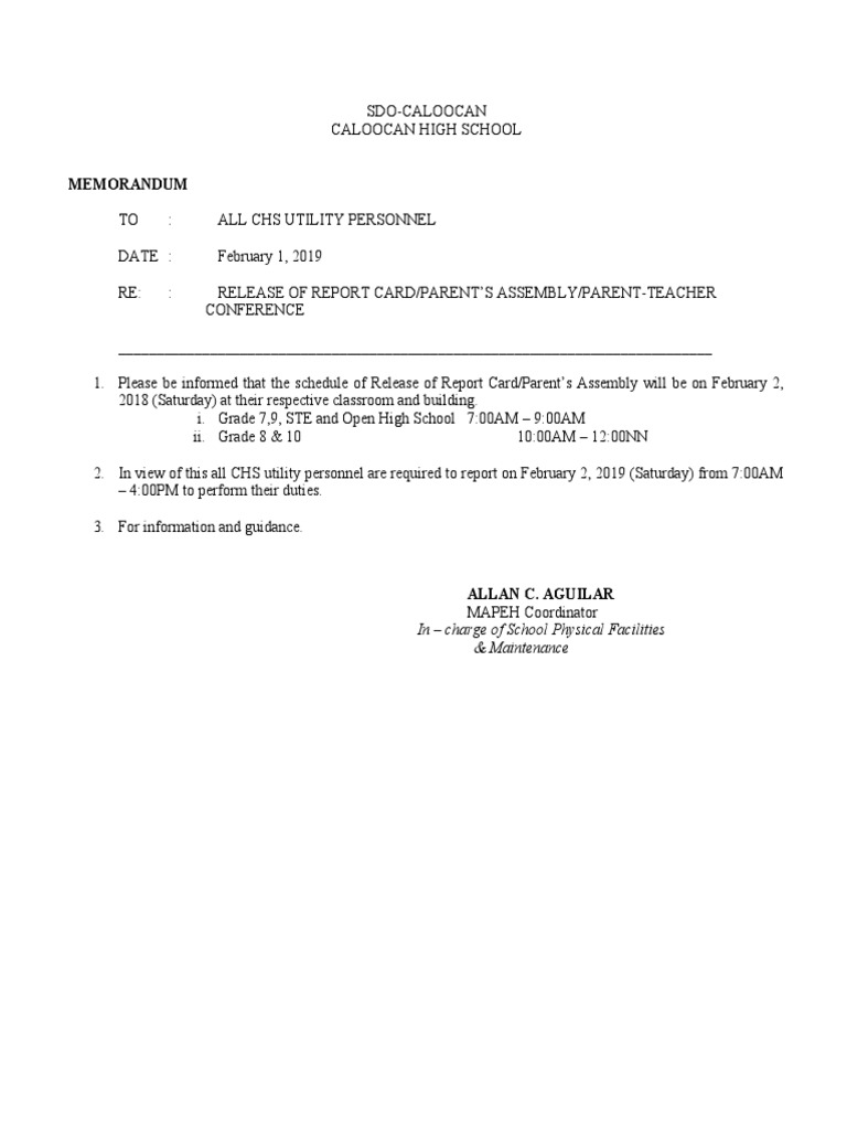 Memorandum: in - Charge of School Physical Facilities & Maintenance | PDF