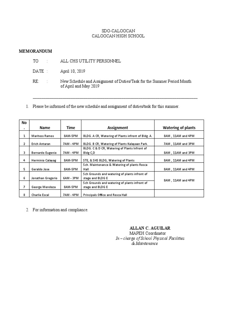 Memo New Sched of Utility | PDF