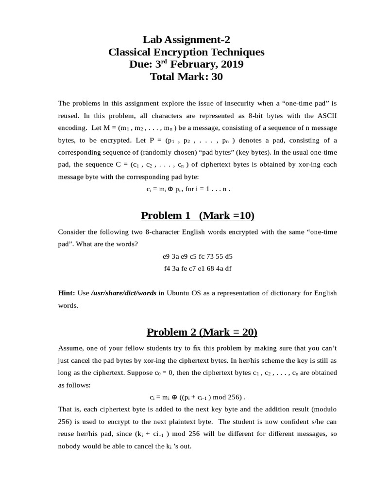 Lab Assignment-2 Classical Encryption Techniques Due: 3 February, 2019 Total Mark: 30 | Download ...