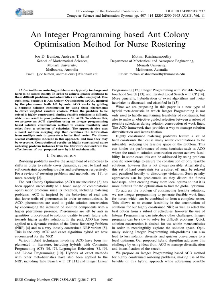 An Integer Programming Based Ant Colony Optimisation Method For Nurse Rostering | Download Free ...