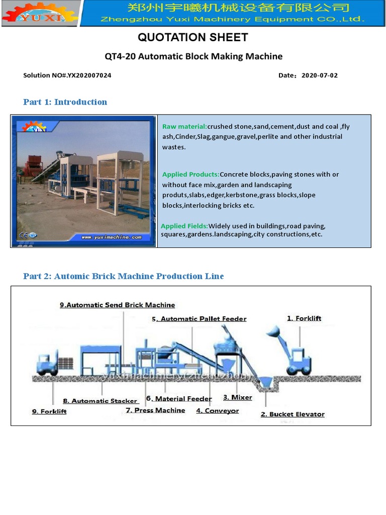 Quotation of QT4-20 Brick Machine | PDF | Brick | Cement