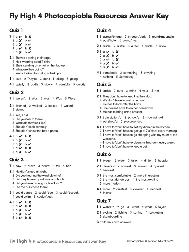 Fly High 4 Photocopiable Resources Answer Key: Quiz 1 Quiz 4 | PDF