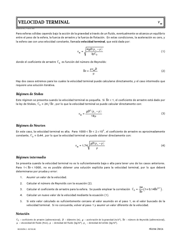 Velocidad Terminal | PDF | Numero Reynolds | Velocidad