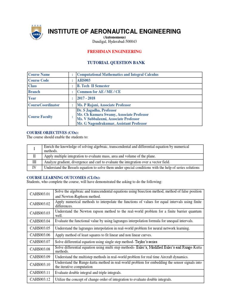 Institute of Aeronautical Engineering | PDF | Finite Difference | Integral