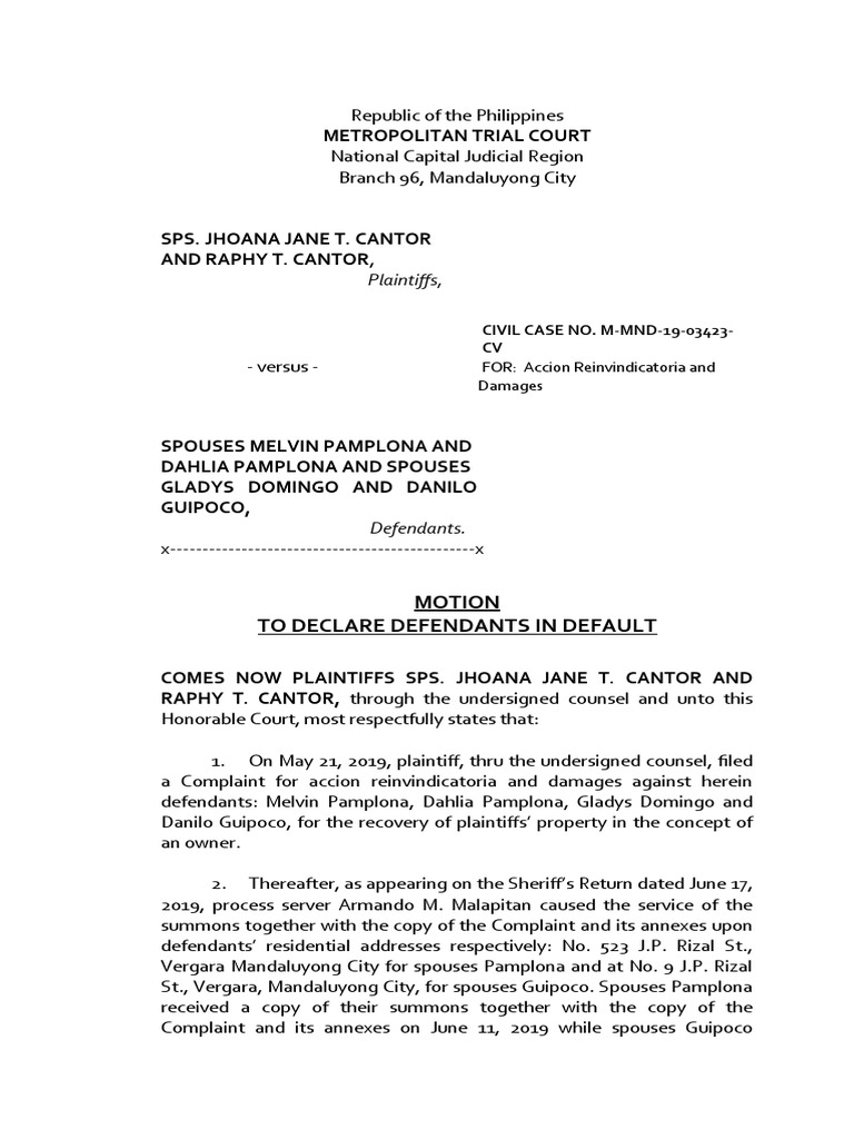 Motion to Declare Defendants in Default | PDF | Pleading | Ex Parte