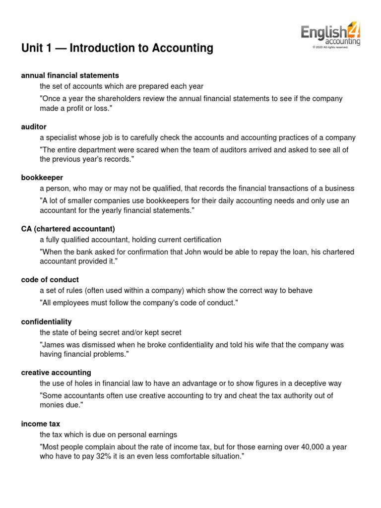 English 4 Accounting - Unit 1 Vocabulary | PDF | Value Added Tax | Taxes