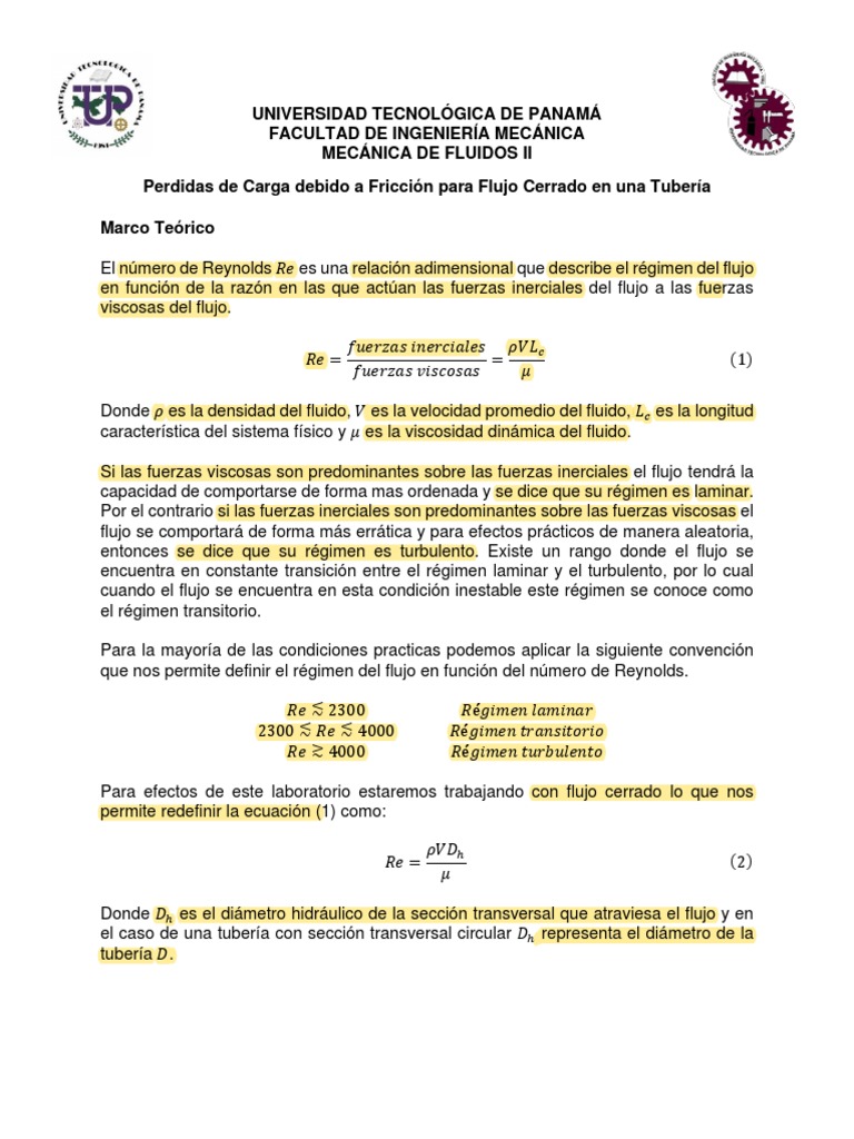 Laboratorio 1 - Perdidas de carga debido a fricción para flujo cerrado ...