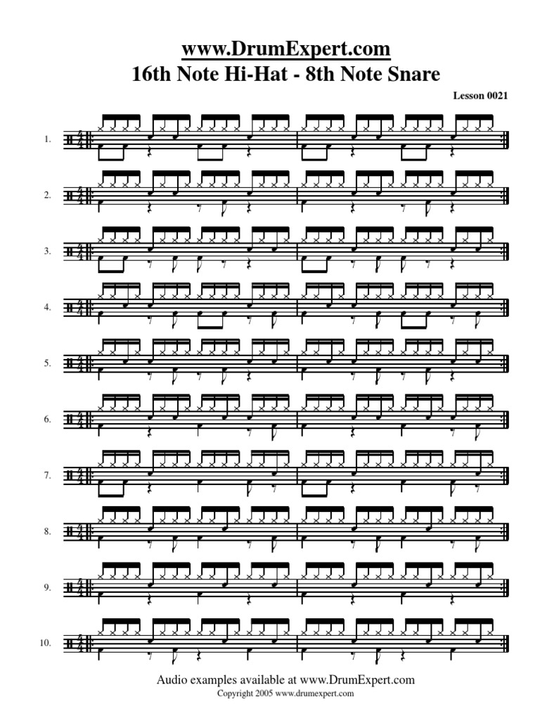 16th Note Hi-Hat - 8th Note Snare: Lesson 0021 | PDF
