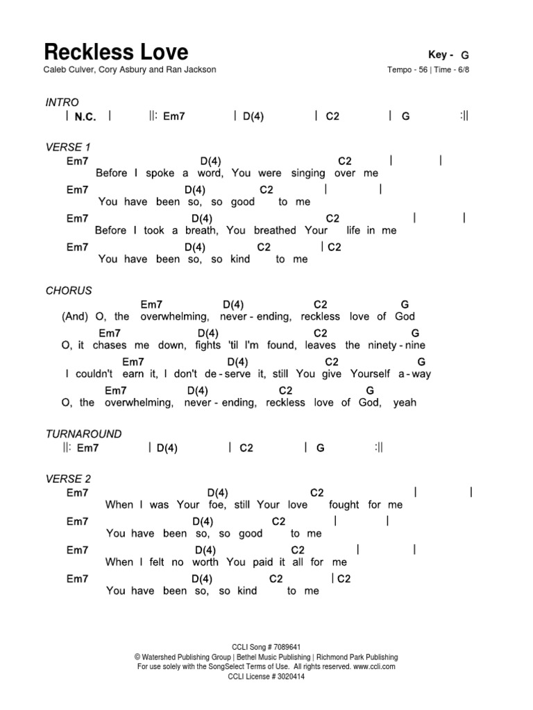 Reckless Love - SongSelect Chart in G PDF | PDF