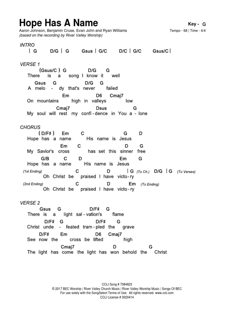Hope Has A Name - SongSelect Chart in G PDF | PDF