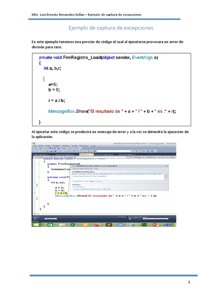 Ejemplo de Captura de Excepciones en Visual Studio C# | PDF