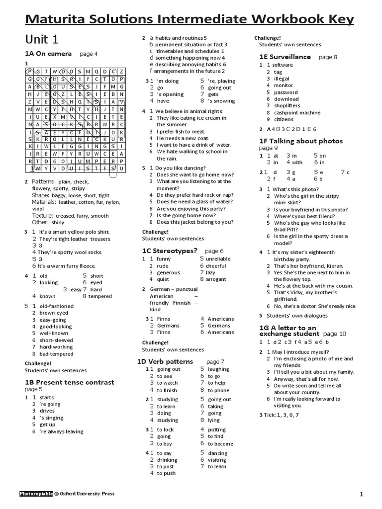 Maturita Solutions Intermediate Workbook Key Oxford University | PDF | Pet