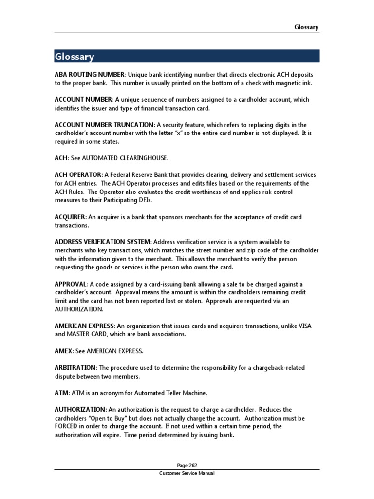 Glossary: Customer Service Manual | PDF | Credit Card | Debit Card
