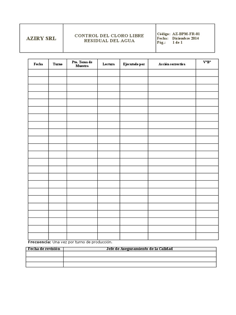 Az-Bpm-Fr-01 Registro de Control de Cloro Libre Residual | PDF