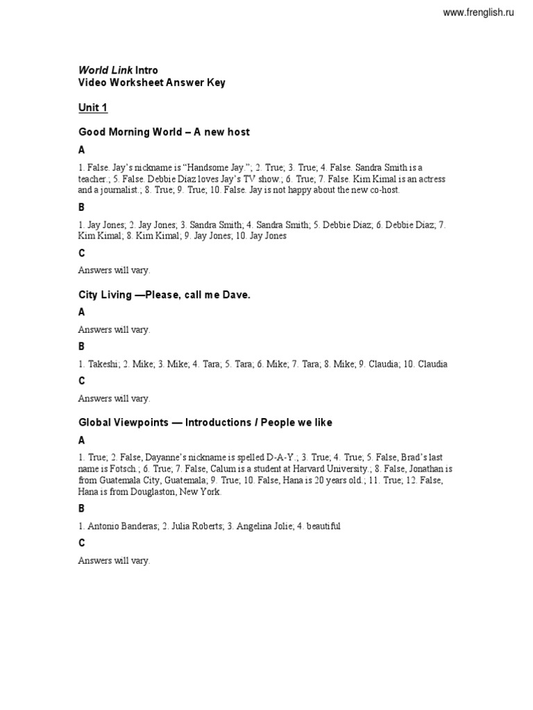 Wl3e Level00 Additional Video Worksheets Answer Key | PDF | Food And ...