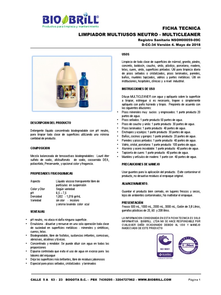 F.T. Limpiador Multiusos Neutro - Multicleaner | PDF | Agua | Química