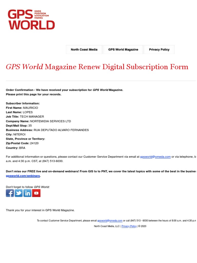 GPS World Magazine Renew Digital Subscription Form | PDF | Business ...