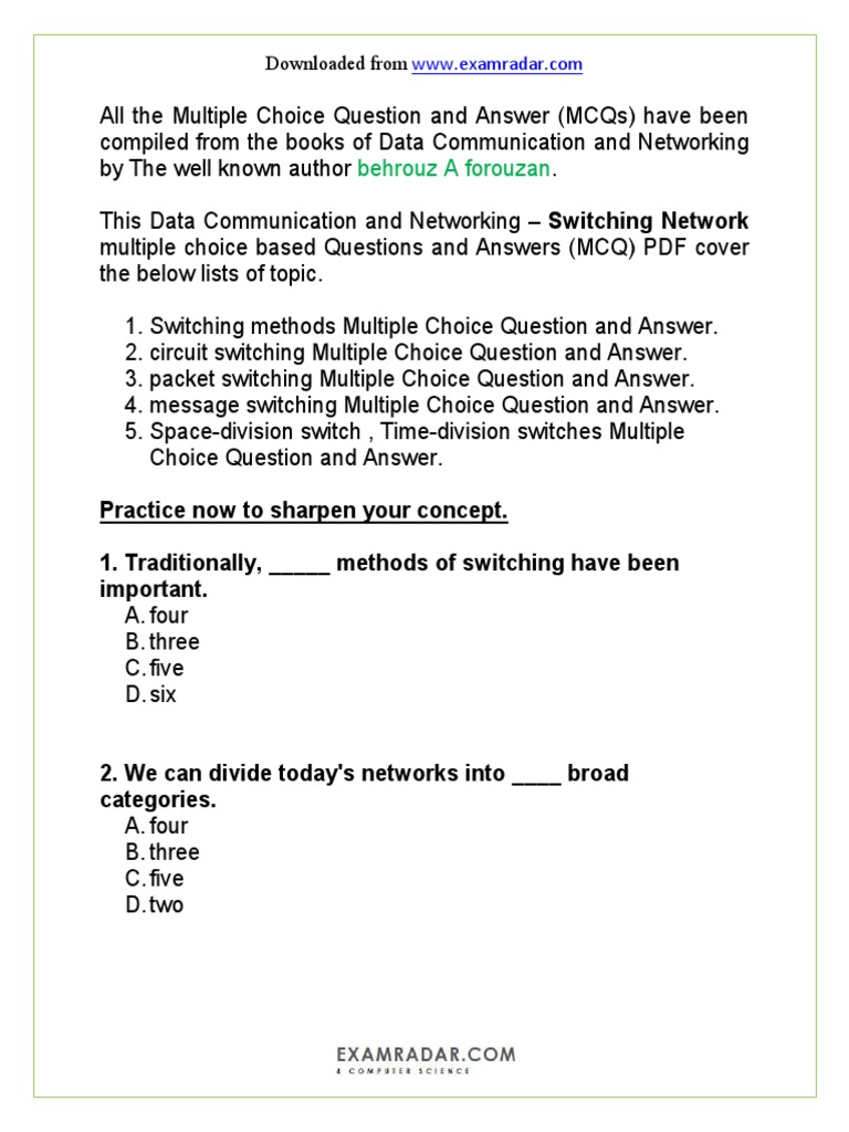 CH 8 Switching Network Multiple Choice Questions and Answers MCQ PDF ...
