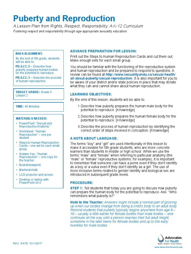 Puberty and Reproduction: A Lesson Plan From Rights, Respect ...