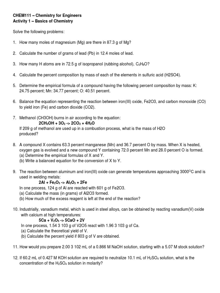 CHEM111 - Chemistry For Engineers Activity 1 - Basics of Chemistry | PDF