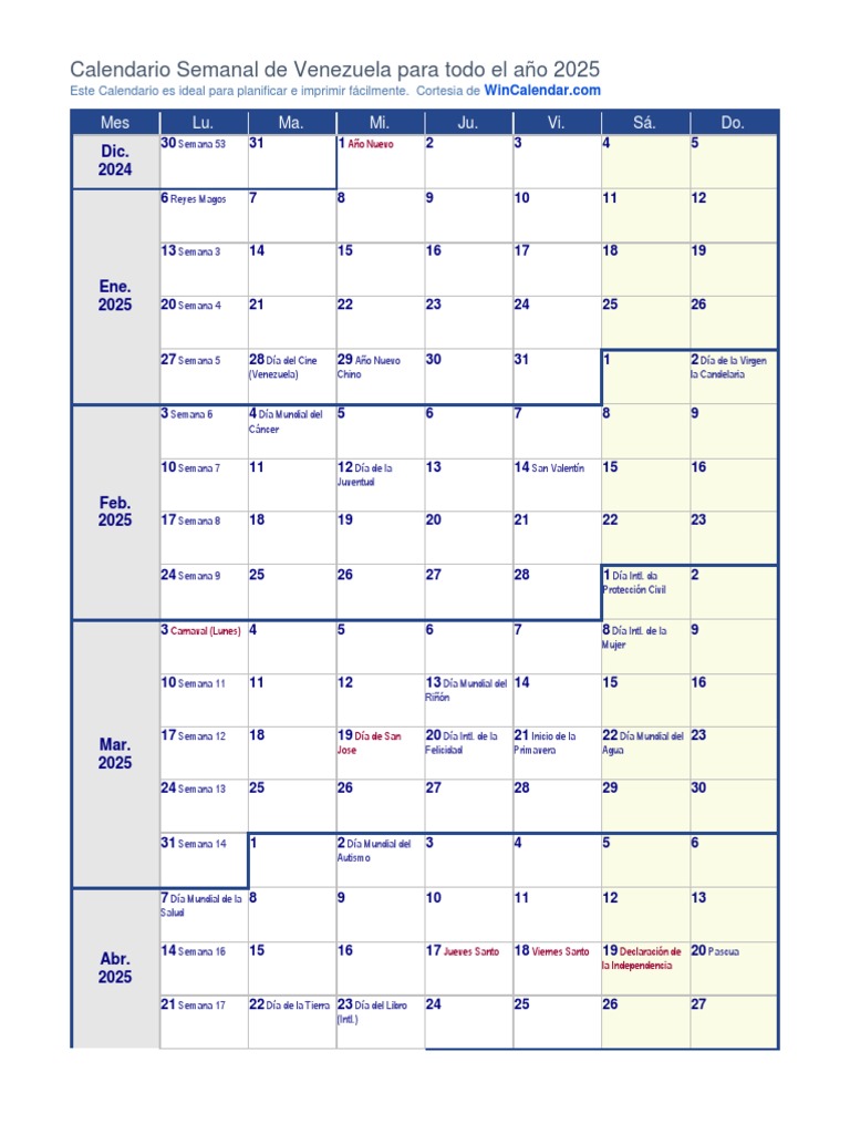 Calendario Semanal 2025 Venezuela | PDF | Calendario | Pascua de ...