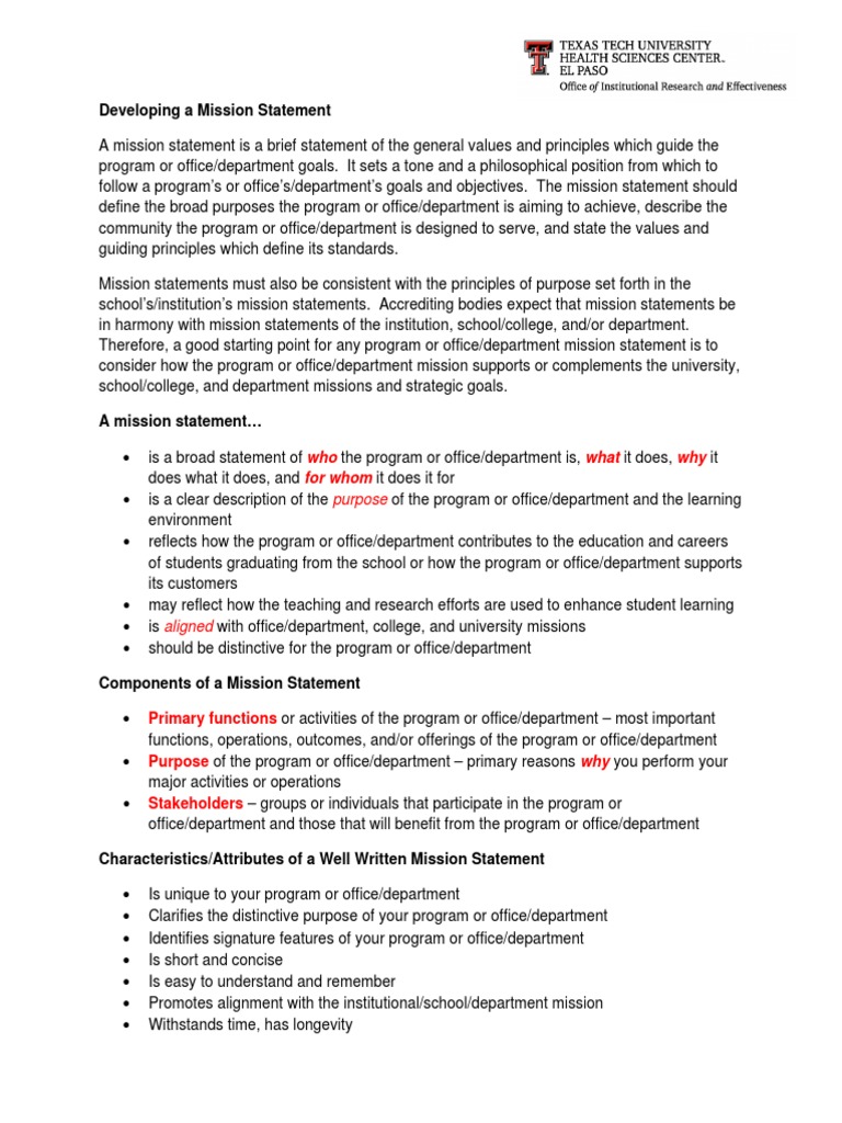 Guide and Checklist - 1 DEVELOPING A MISSION STATEMENT | PDF | Goal ...