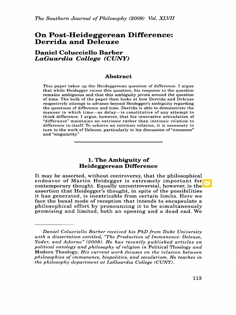 On Post-Heideggerean Difference. Deleuze and Derrida | PDF ...