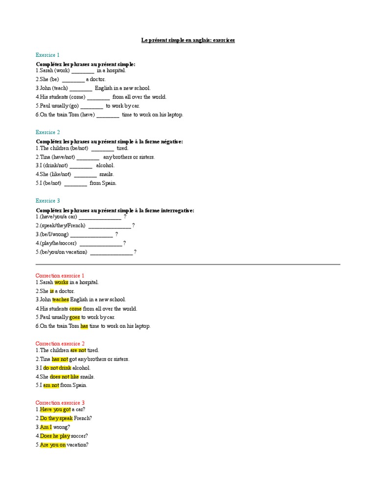 Exercice Conjugaison Anglais Présent Simple 2 | PDF