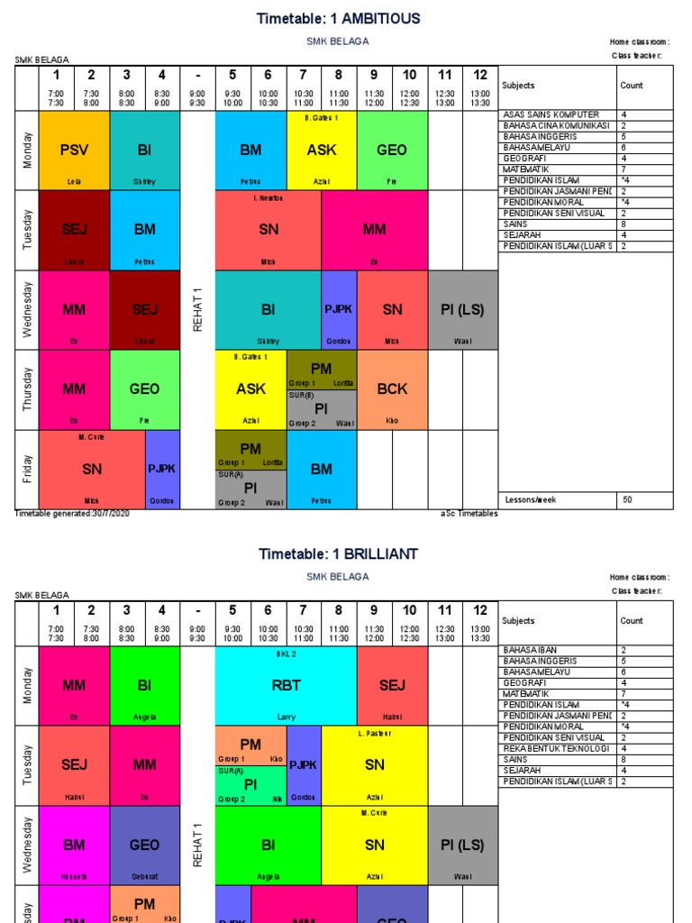 Jadual Waktu Kelas Berwarna | PDF