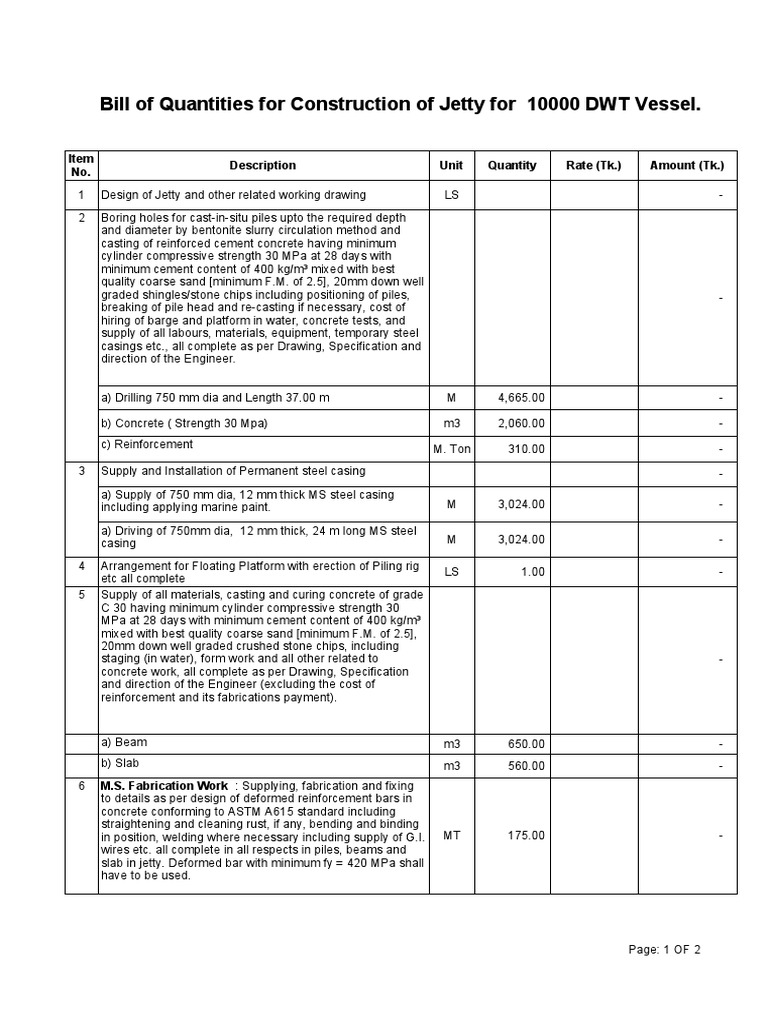Construction of 10000 DWT Jetty Bill of Quantities | PDF | Deep ...