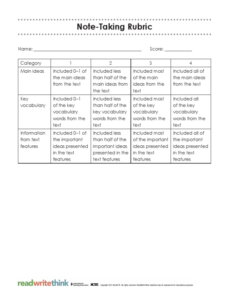 Note Taking Rubric PDF | PDF