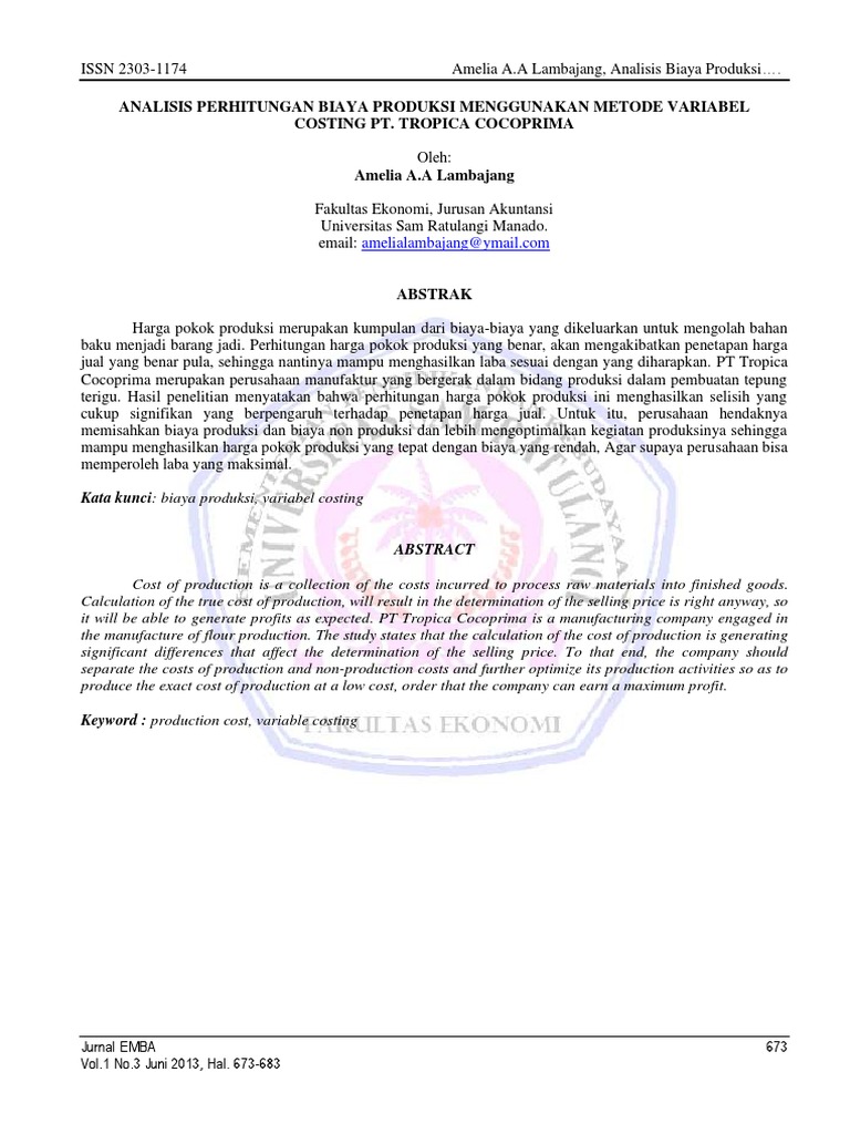 1585 ID Analisis Perhitungan Biaya Produksi Menggunakan Metode Variabel Costing PT Tropi PDF | PDF