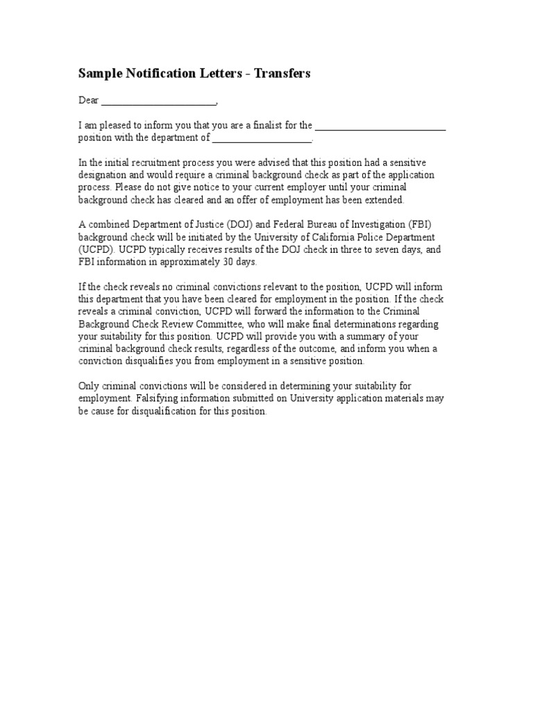 Sample Notification Letters - Transfers | PDF