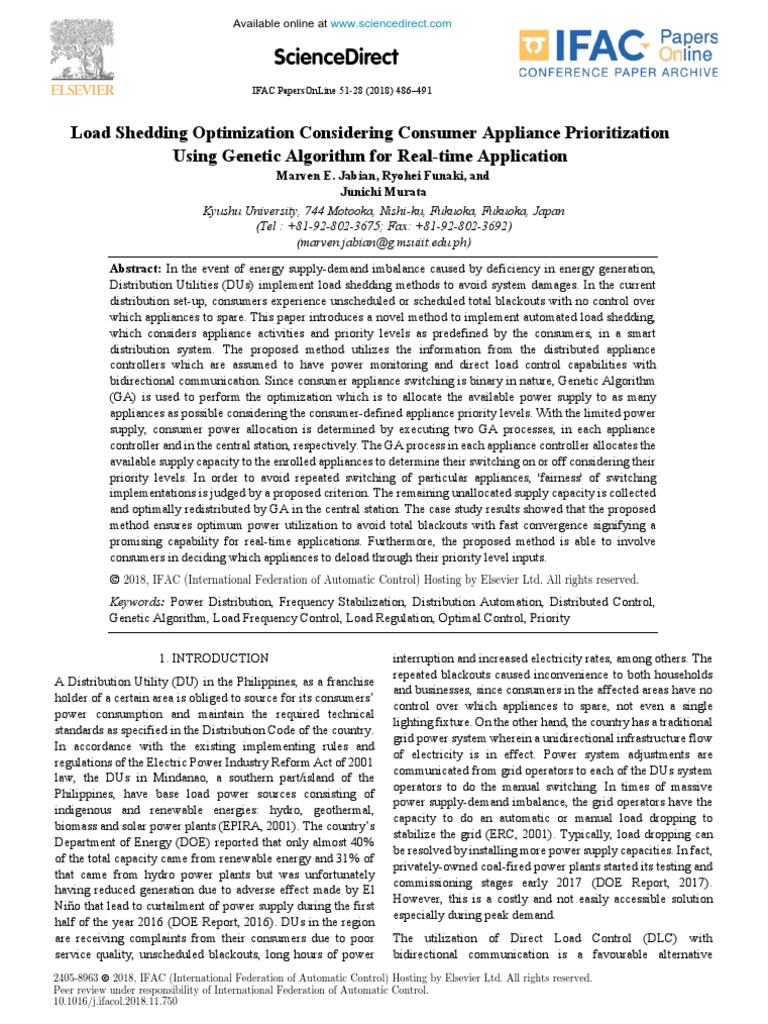 2018 - Load Shedding Optimization Considering Consumer Appliance Prioritization Using Genetic ...
