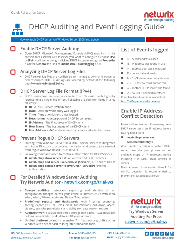 DHCP Auditing and Event Logging Guide | PDF | Ip Address | Internet ...