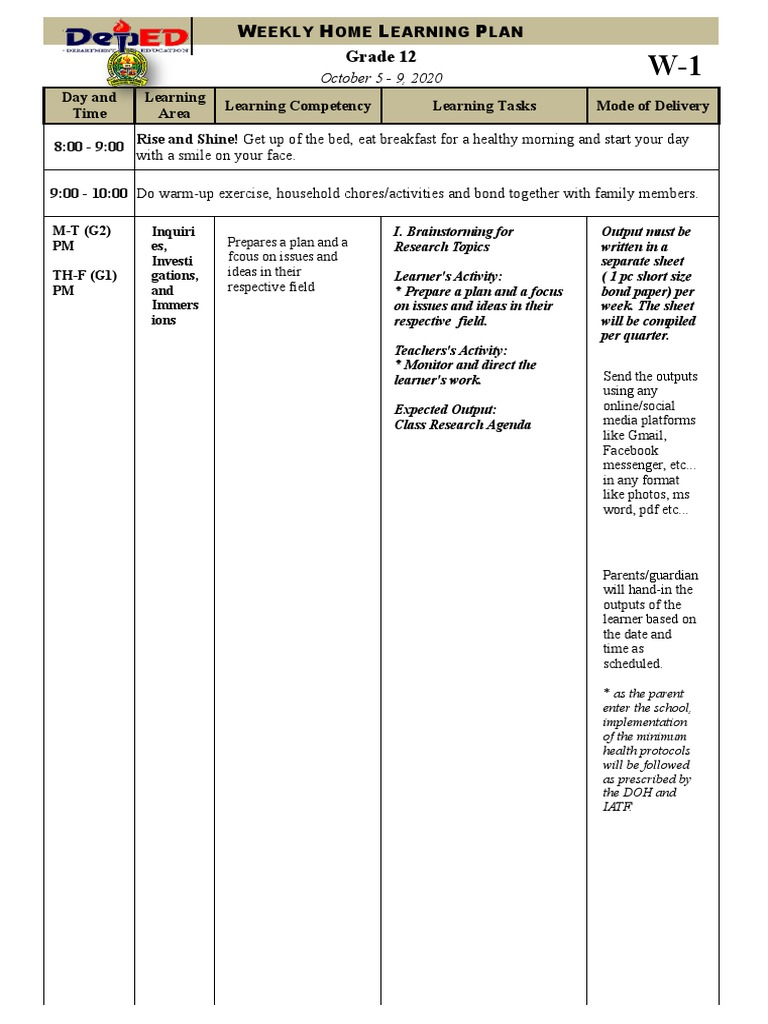 Weekly Home Learning Plan Week 1 | PDF | Pedagogy | Cognition