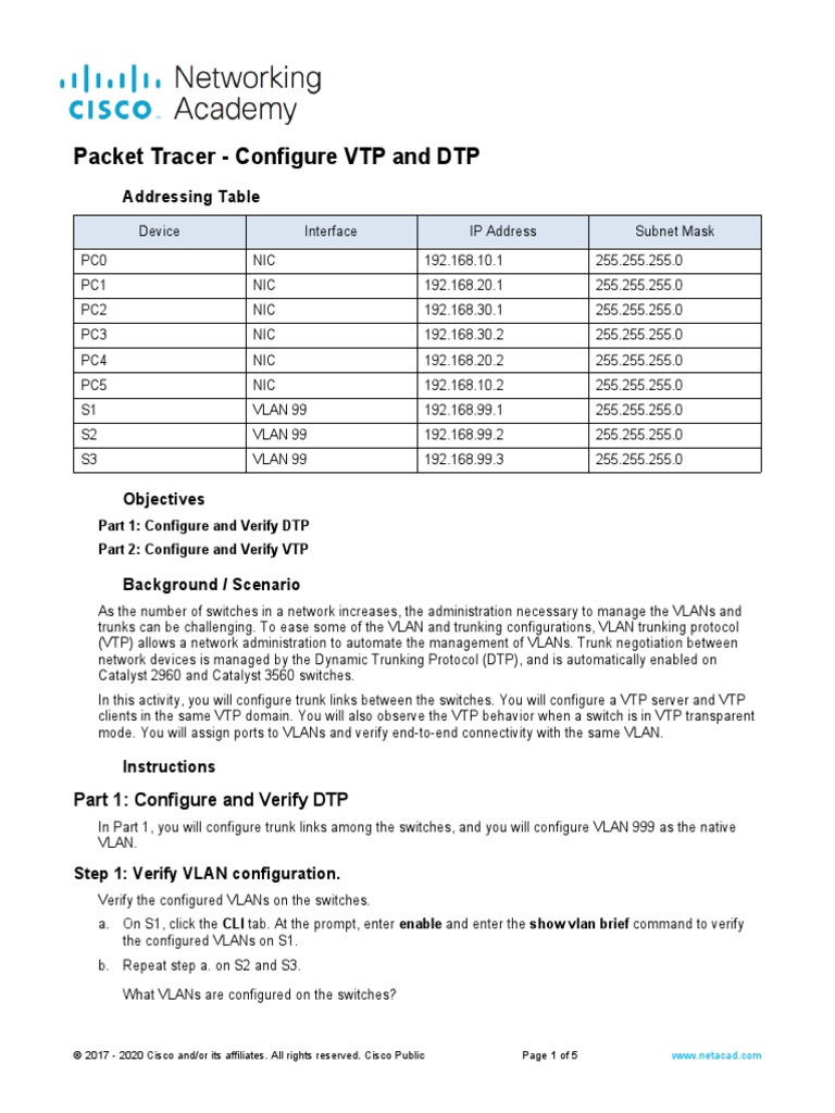 5.2.1 Packet Tracer - Configure VTP and DTP | Download Free PDF | Network Switch | Network ...
