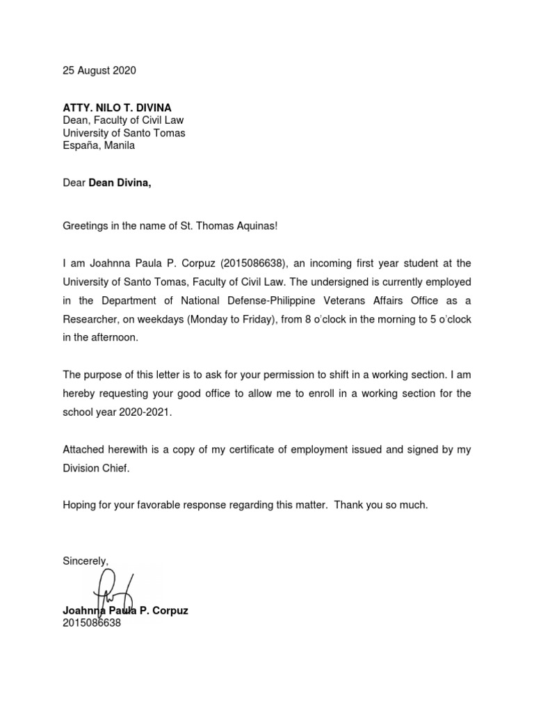 Letter To Dean - Request To Transfer To Working Section | PDF