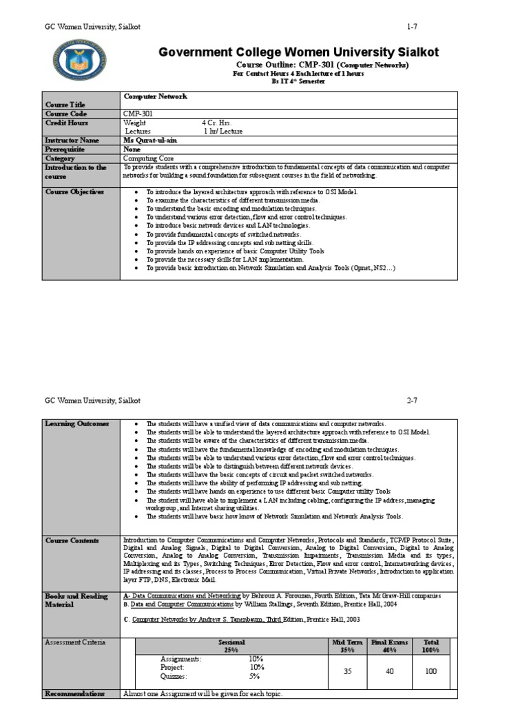 Government College Women University Sialkot: Course Outline: CMP-301 | Download Free PDF ...