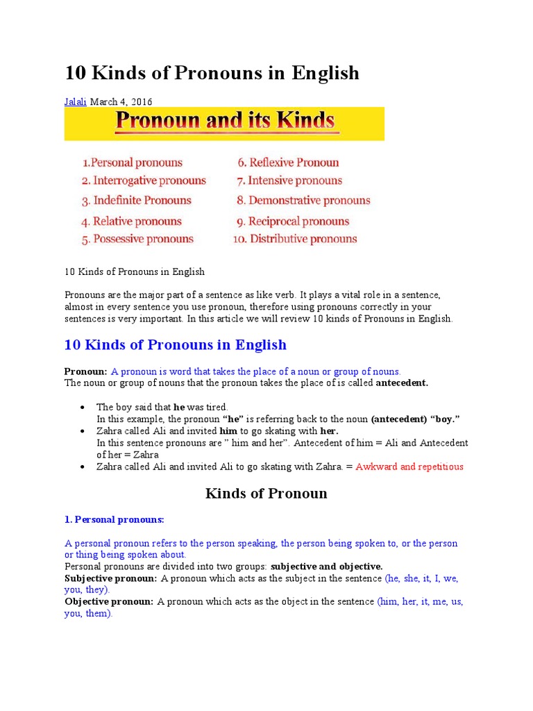 10 Kinds of Pronouns in English | PDF | Pronoun | Clause