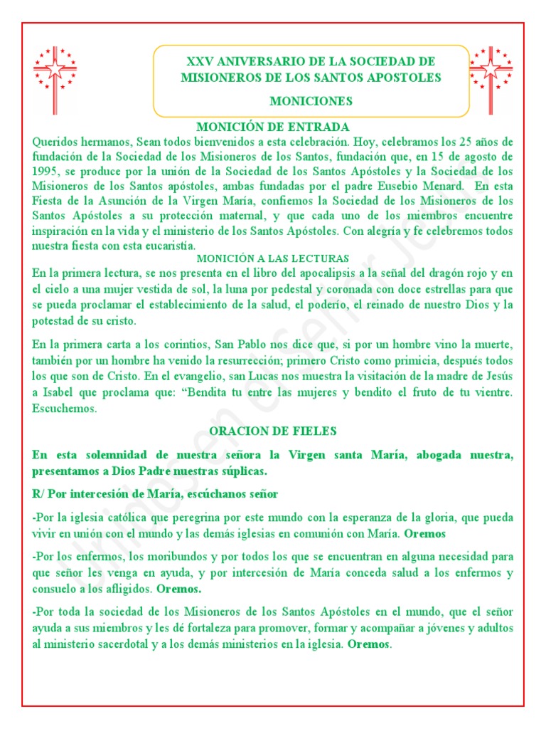 Monición para Misa | PDF | Misa (liturgia) | María, madre de Jesús