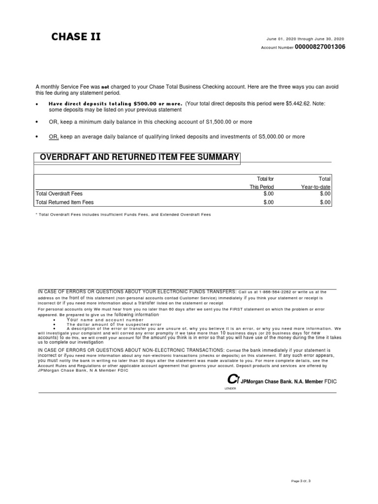 Chase Ii: Overdraft and Returned Item Fee Summary | PDF | Overdraft ...