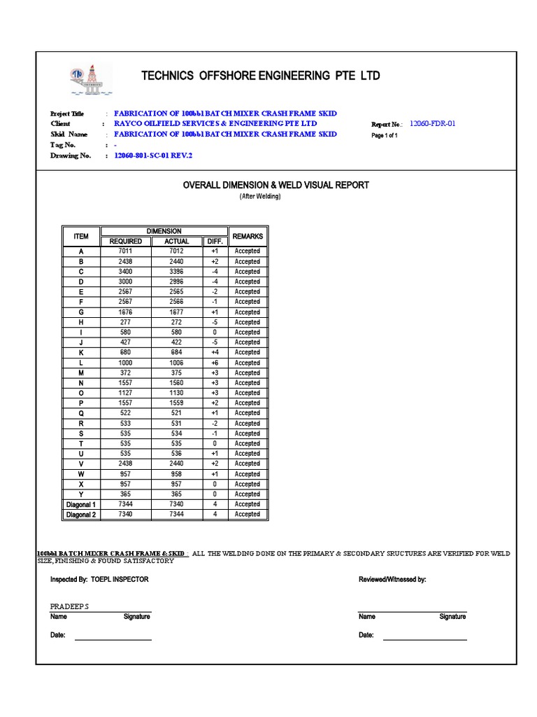 Technics Offshore Engineering Pte LTD: Overall Dimension & Weld Visual Report | PDF