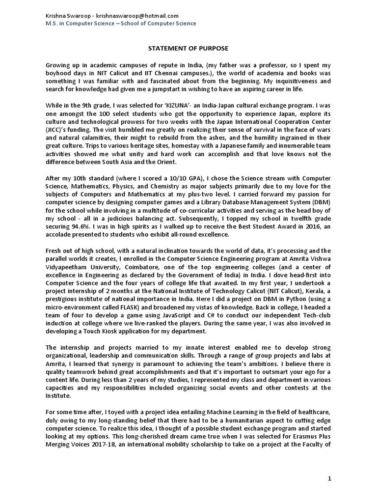 Statement of Purpose: M.S. in Computer Science - School of Computer ...