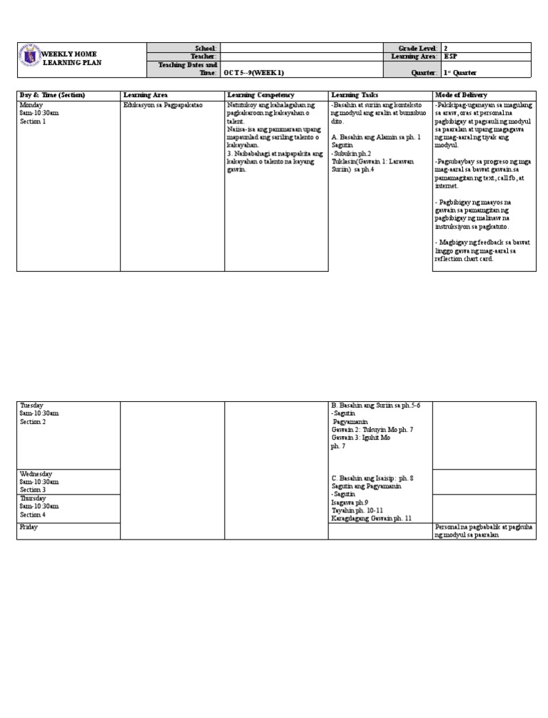 ESP Grade 2 Weekly Home Learning Plan - For Modular 1st Quarter-1st Week | PDF