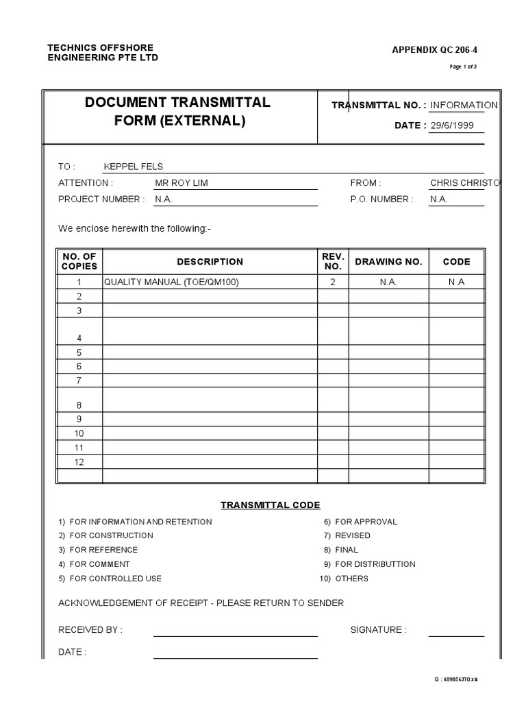 Document Transmittal Form (External) : Technics Offshore Engineering ...