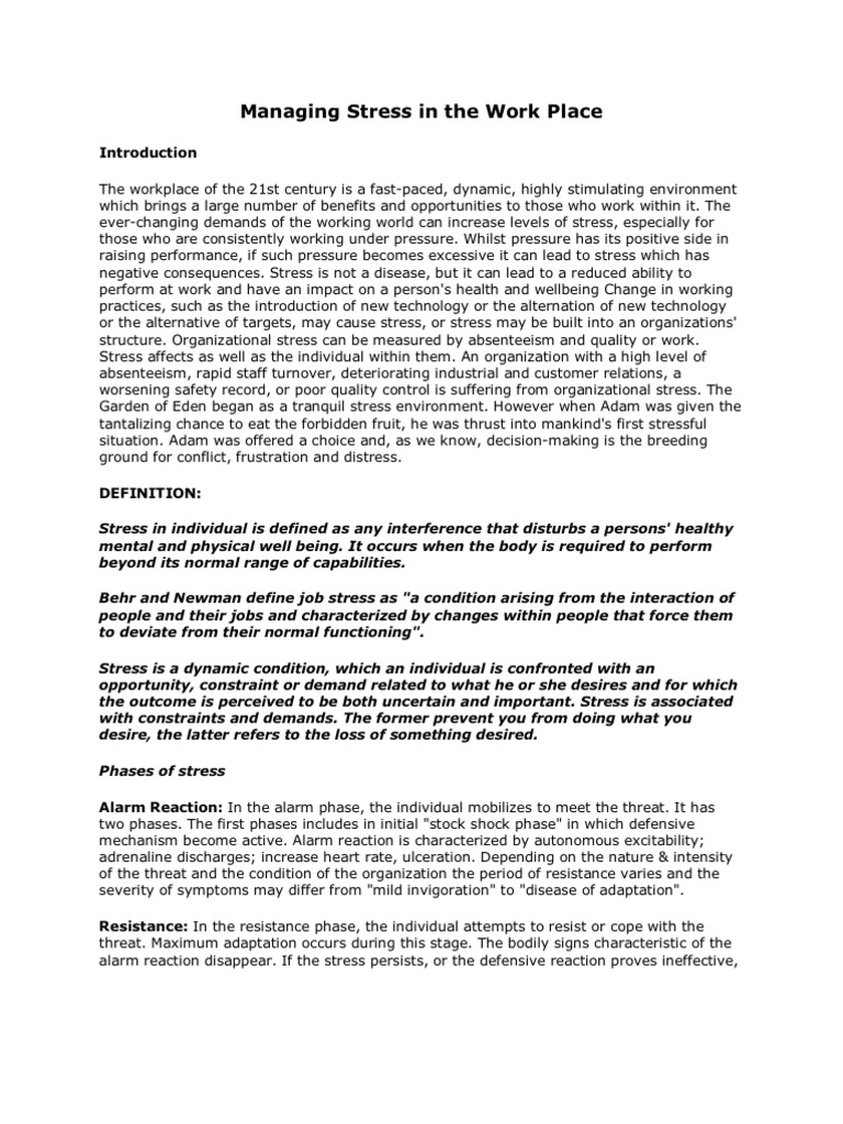 Managing Stress in The Work Place | PDF | Stress (Biology) | Coping ...